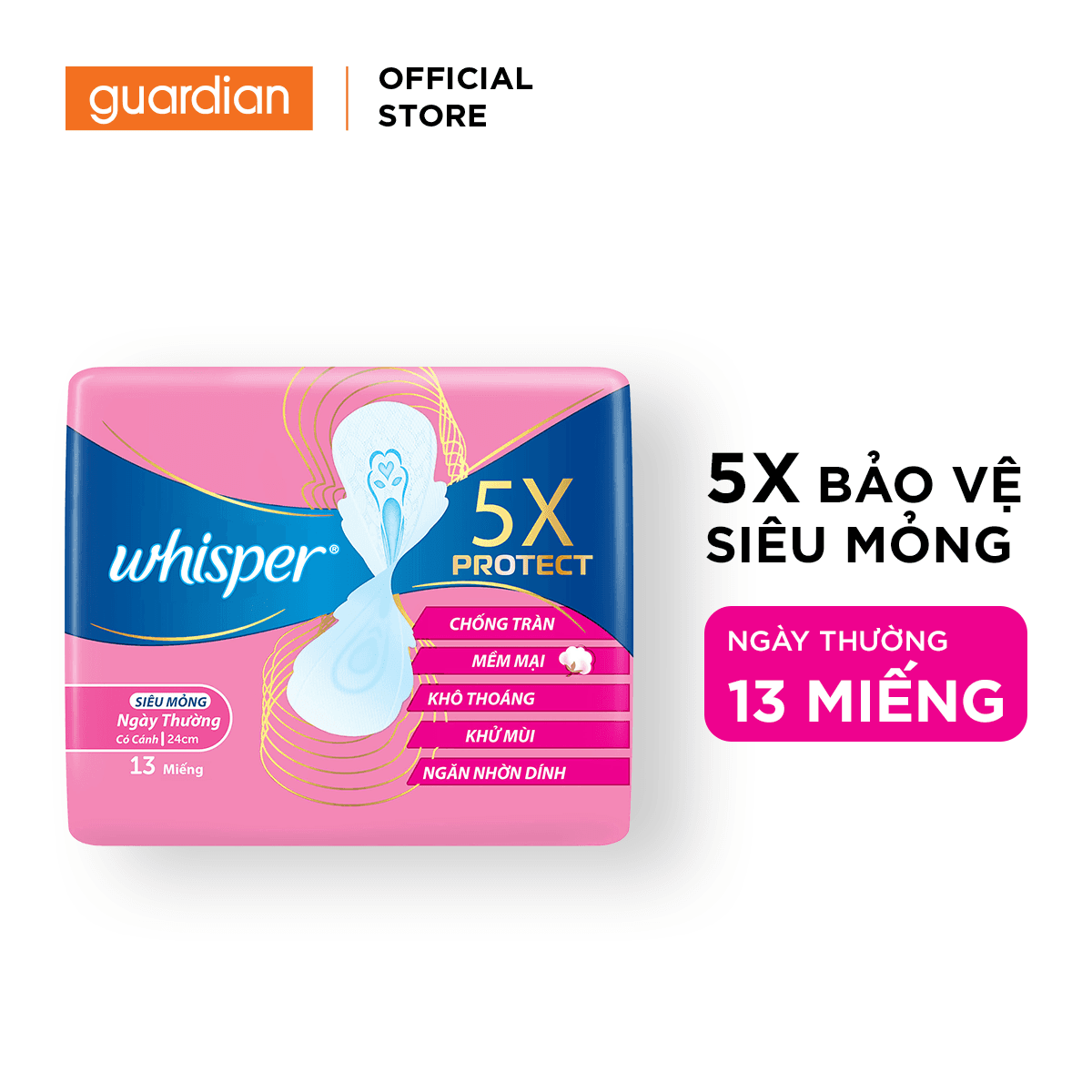 Băng Vệ Sinh Bảo Vệ Gấp 5 Lần Whisper 5X Protect Siêu Mỏng 13 Miếng