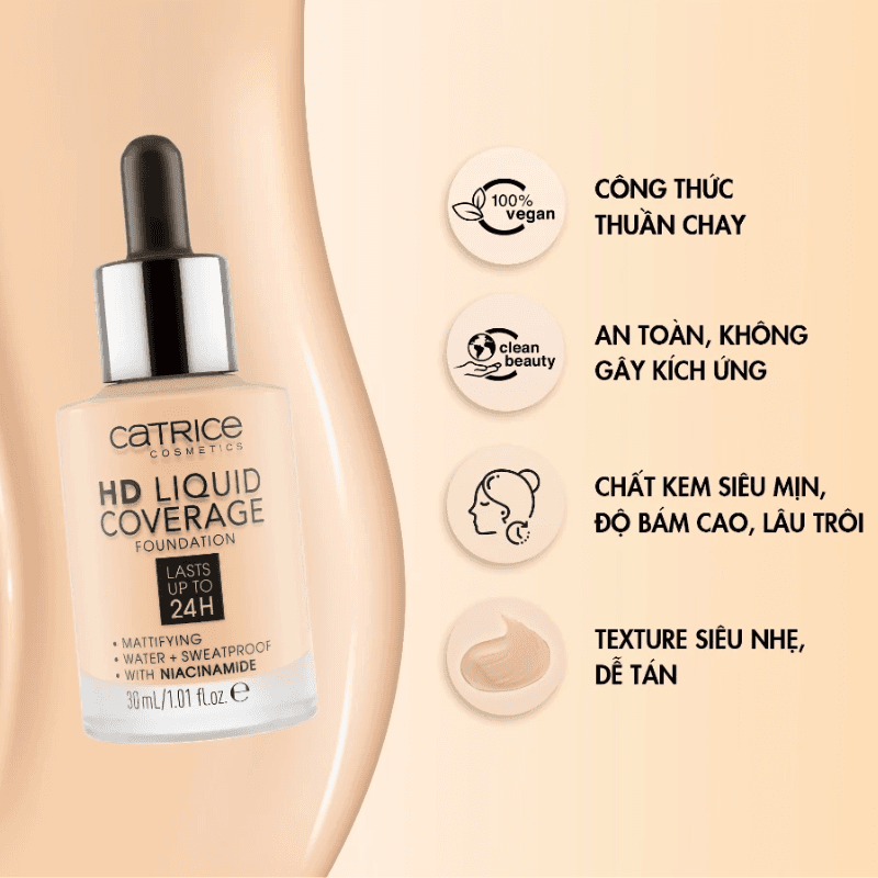 Kem Nền Kiềm Dầu Catrice Hd Liquid Coverage Foundation #010 Light Beige ...