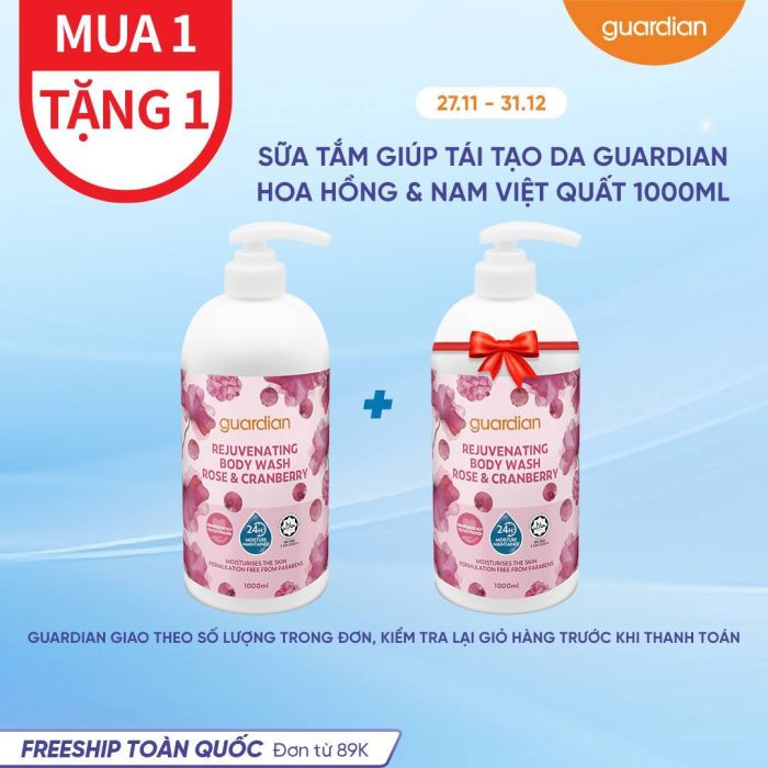 Sữa Tắm Trẻ Hóa Da Guardian Body Wash Hoa Hồng & Nam Việt Quất 1000ml